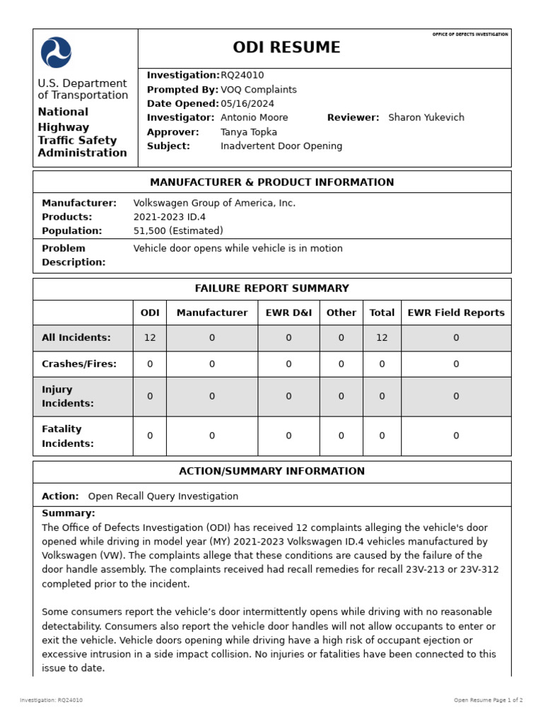 Nhtsa Volkswagen Id4 Recall Query | PDF | Traffic Collision | Transport
