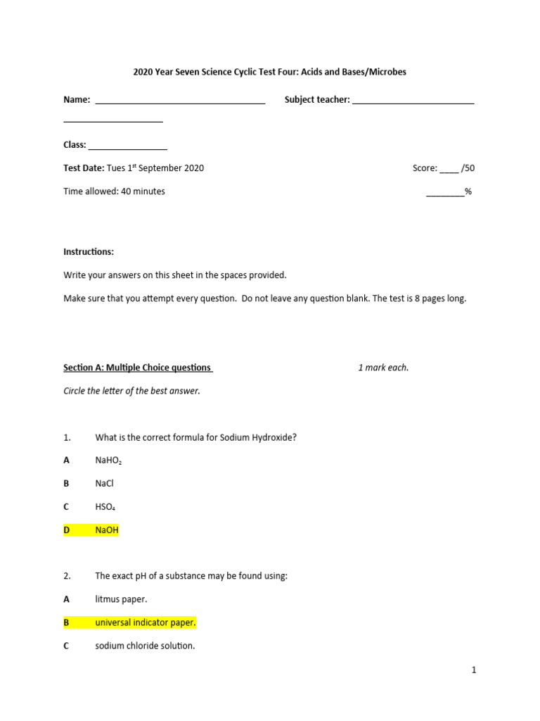 Year 7 Science Test: Acids, Bases & Microbes | PDF | Ethanol | Acid
