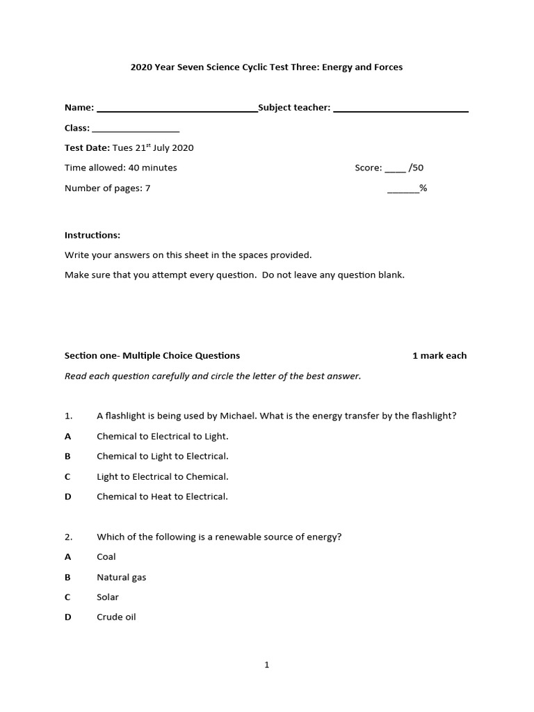 Year 7 Science Test: Energy & Forces | PDF | Force | Weight