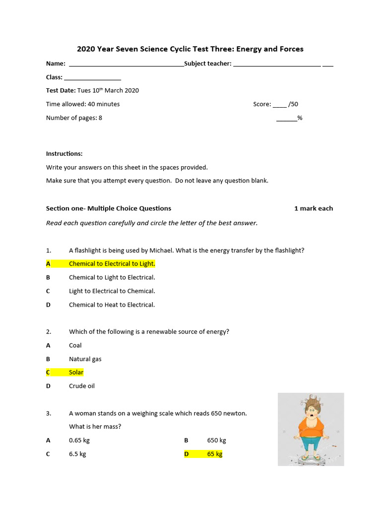 2020 Year 7 Science Cyclic Test Three - Energy and Forces MARK SCHEME ...