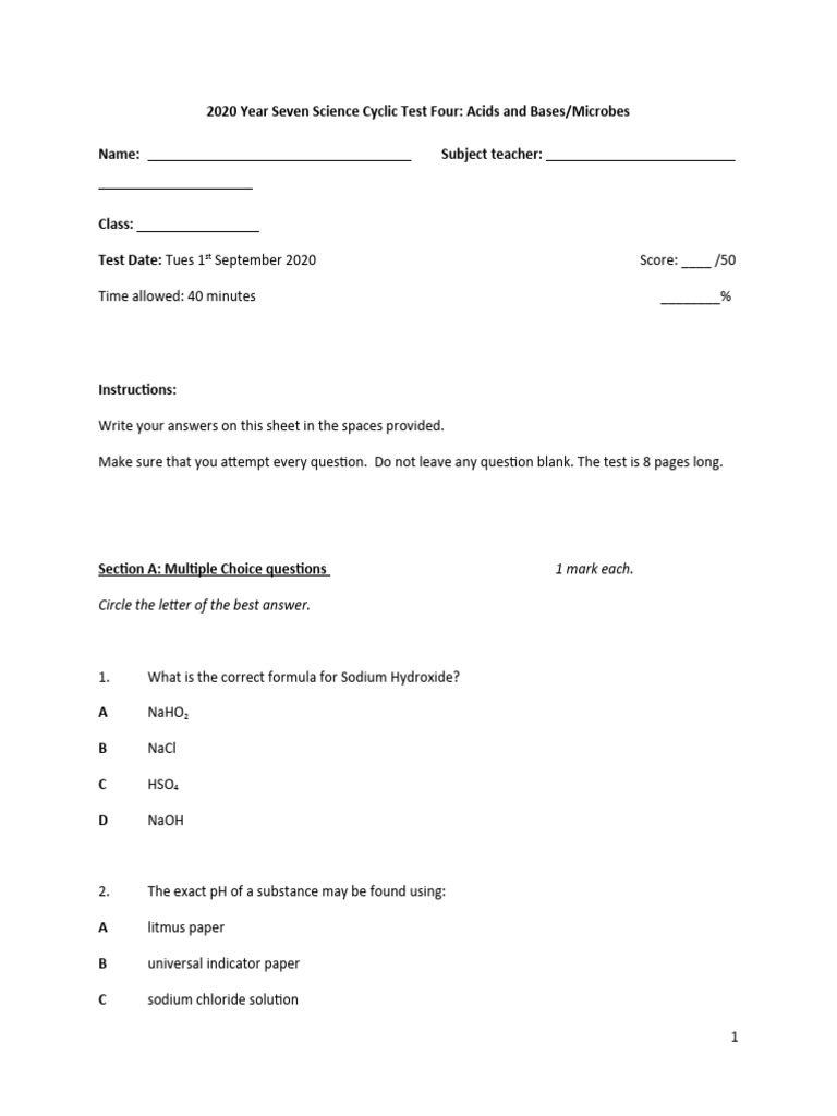 2020 Year 7 Science Cyclic Test Four - Acids and Bases + Microbes | PDF ...