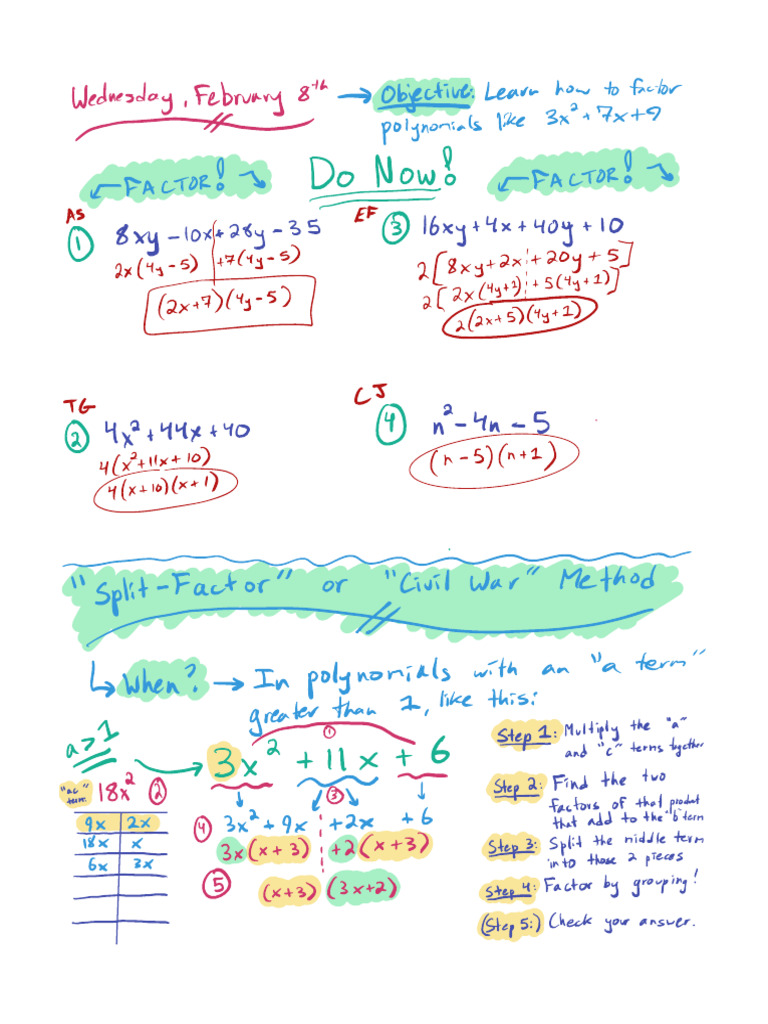 7-3 Factoring Pattern For Ax 2 + BX + C, "Split-Factor" or "Civil War ...