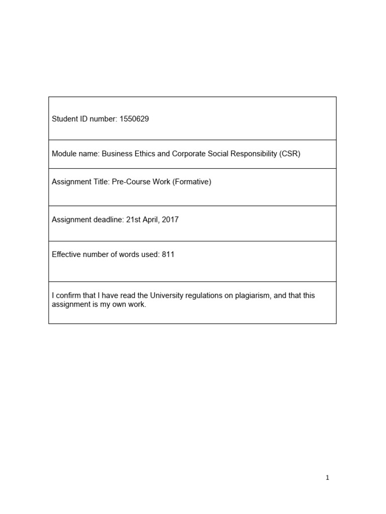 Business Ethics and CSR - Assignment | PDF | Corporate Social Responsibility | Sustainability