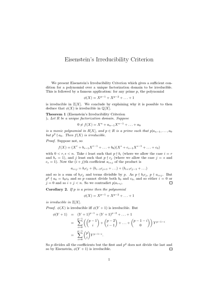 Eisenstein's Irreducibility Criterion | PDF | Field (Mathematics) | Abstract Algebra