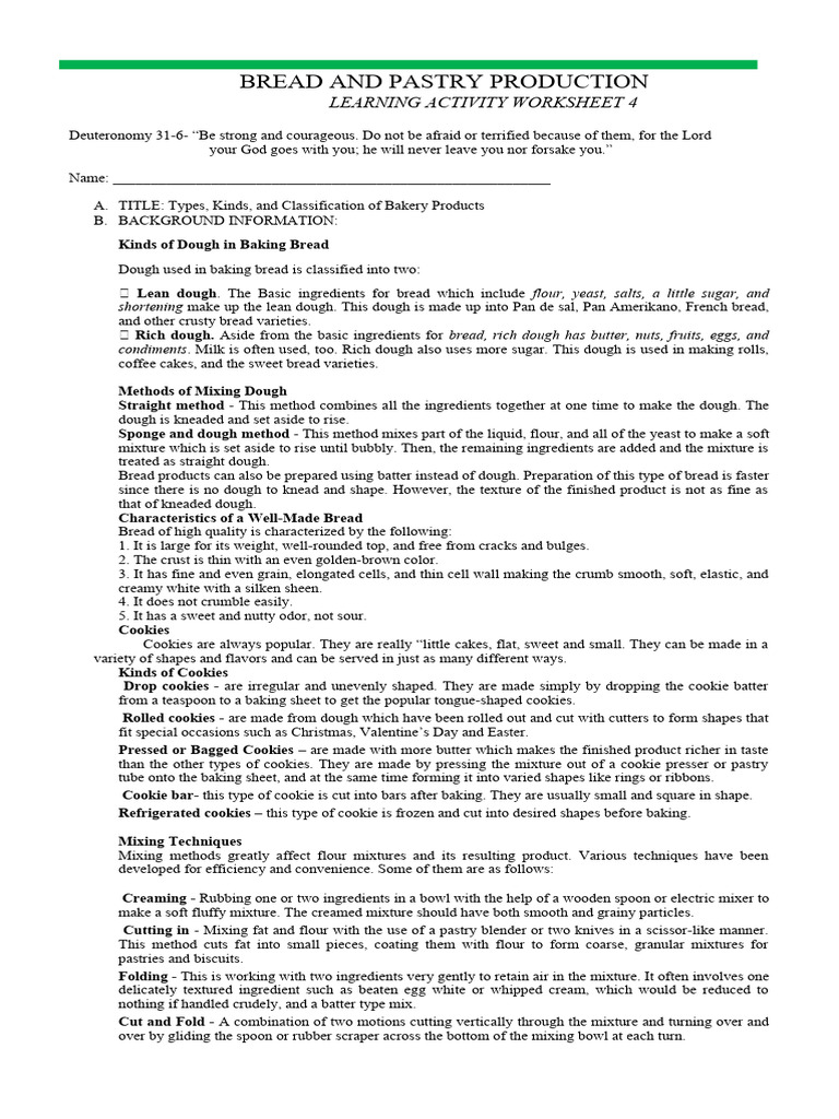 Bread and Pastry Production: Learning Activity Worksheet 4 | PDF ...