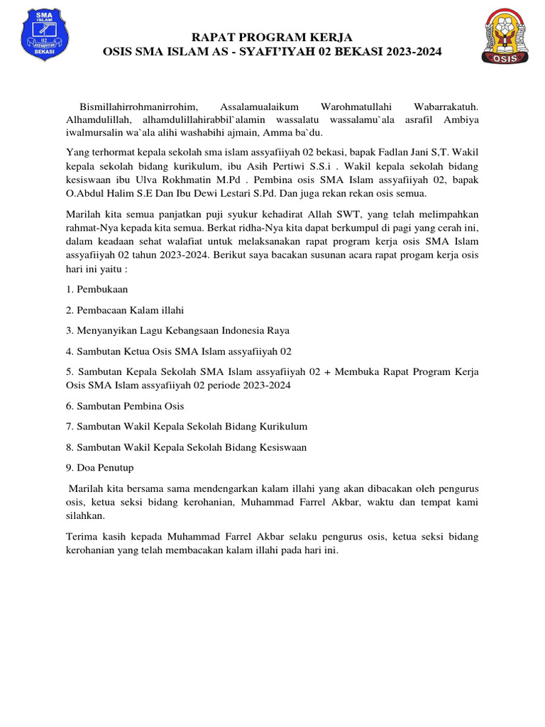 Teks Mc Rapat Program Kerja OSIS | PDF