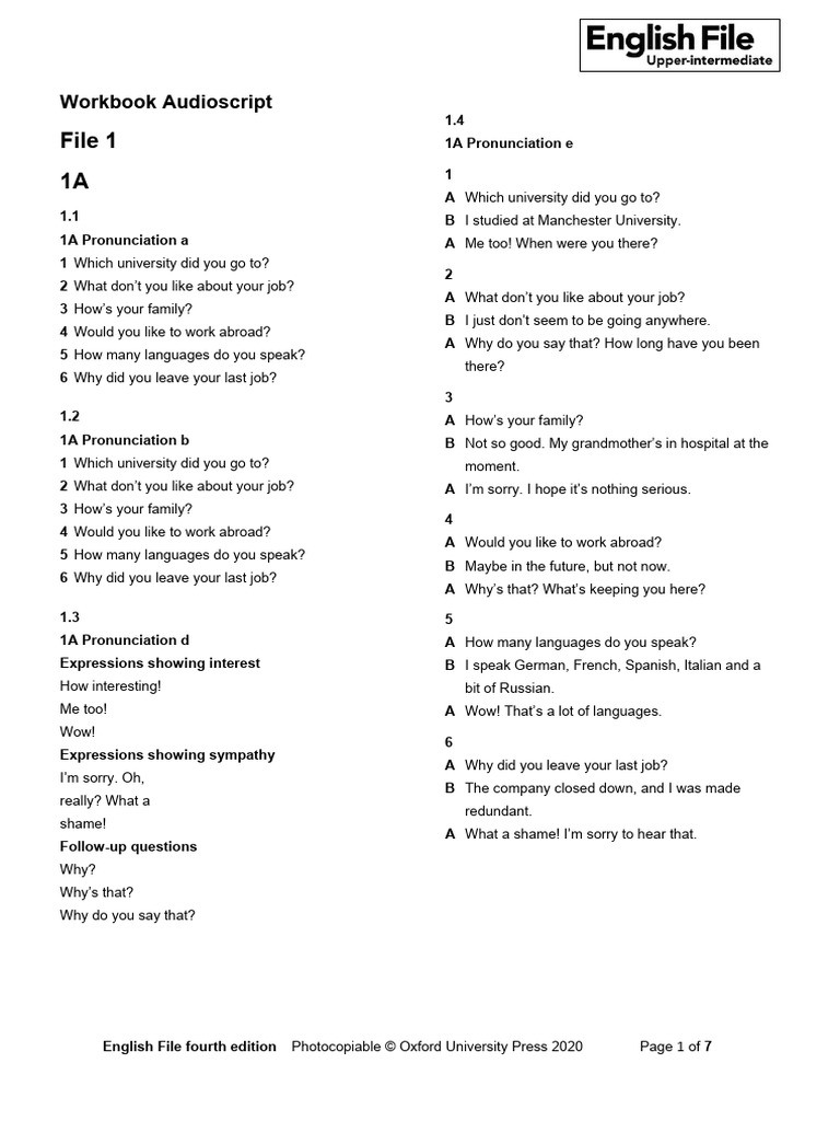 English File 4e Upper Intermediate WB Script | PDF | Stress (Linguistics)