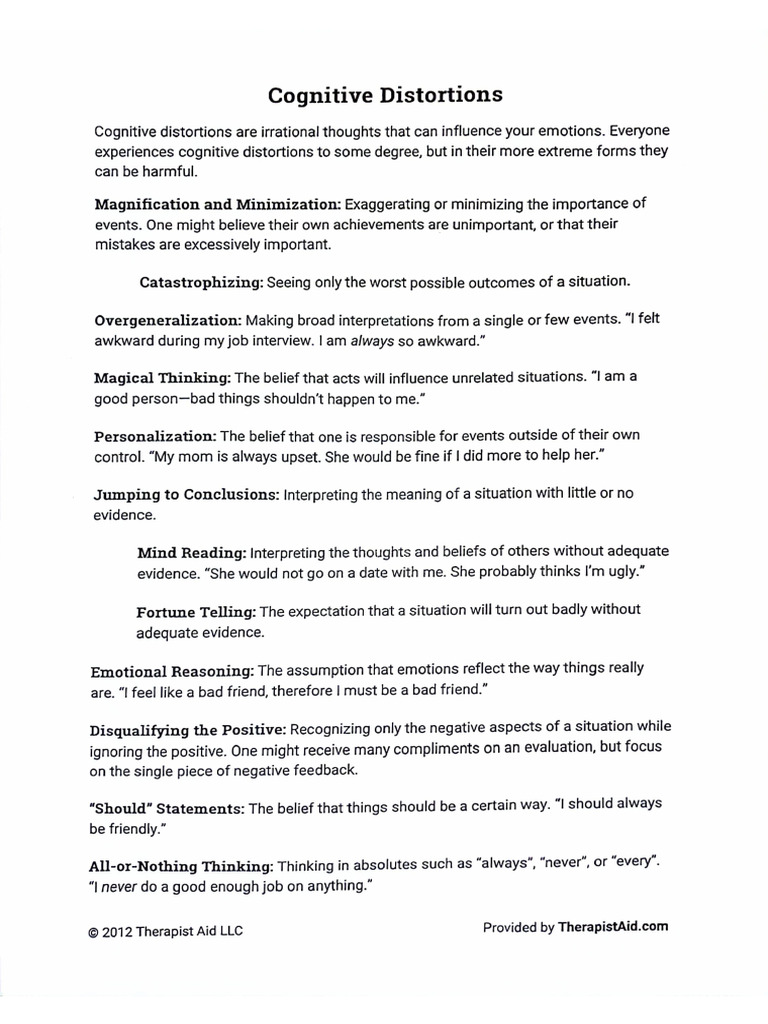 Cognitive Distortions With Treatment | PDF | Cognitive Behavioral ...
