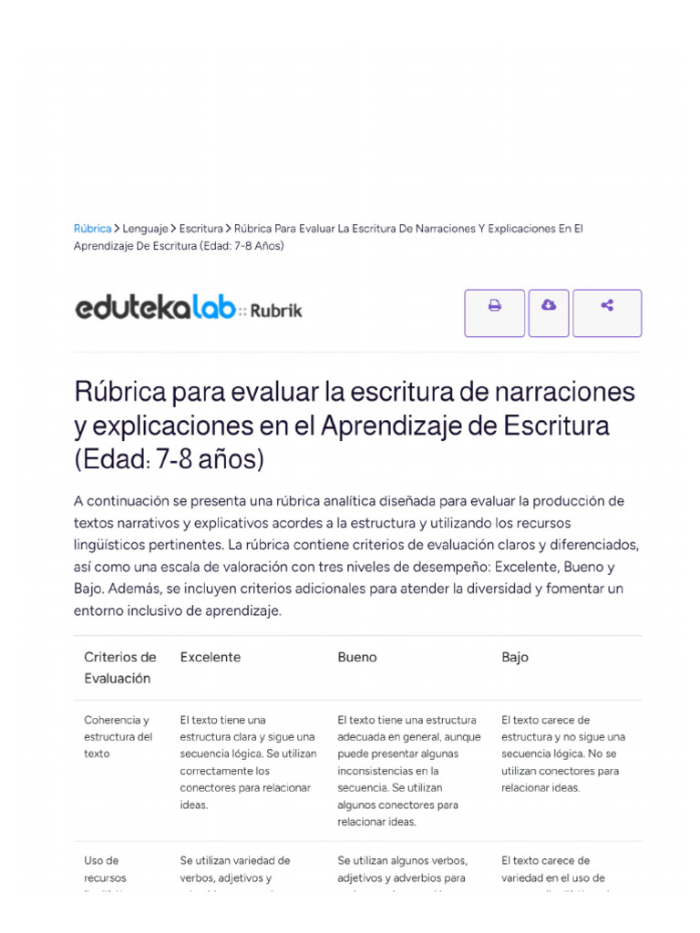 Rúbrica Para Evaluar La Escritura De Narraciones Y Explicaciones En El ...