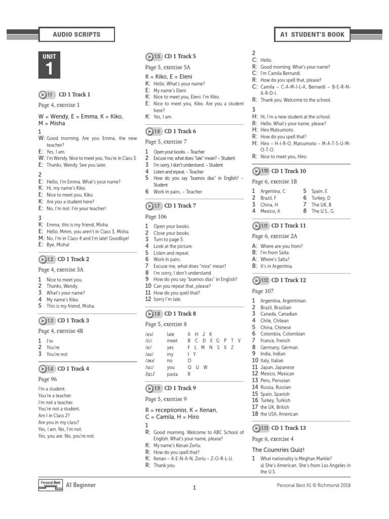 PB AmE A1 SB Audioscript U1-10 | PDF | Foods