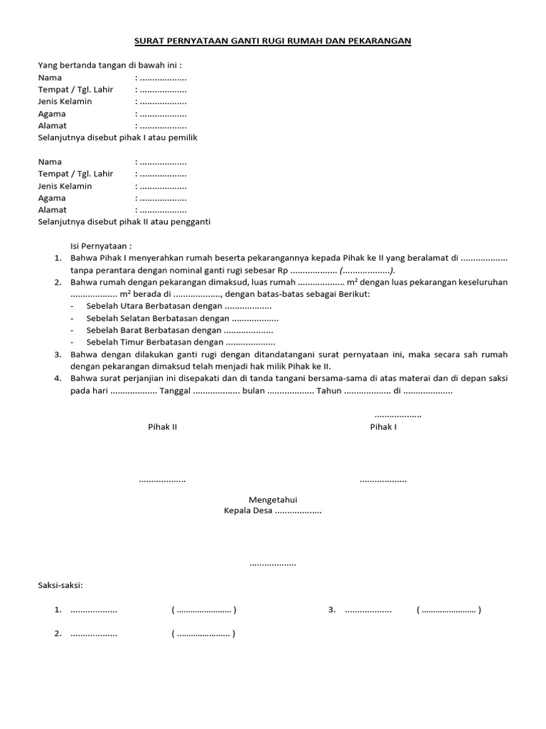 Contoh Format SURAT PERNYATAAN GANTI RUGI RUMAH DAN PEKARANGAN | PDF ...