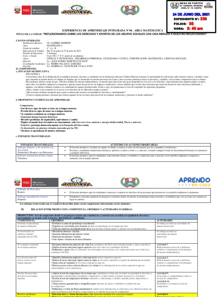 EXP - APRENDIZAJE INTEGRADA N°4 - 4°sec DEL 21 DE JUNIO AL 23 DE JULIO MARIELLA AYALA YUPA | PDF ...