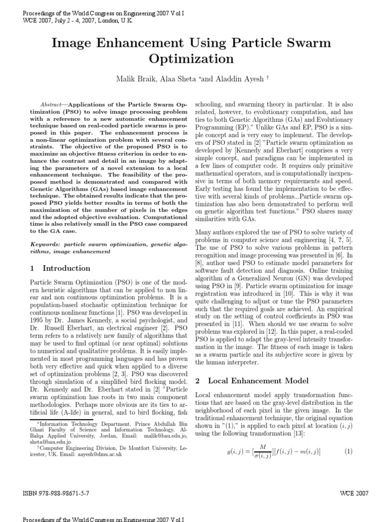 Image Enhancement Using Particle Swarm Optimization: Malik Braik, Alaa Sheta and Aladdin Ayesh ...