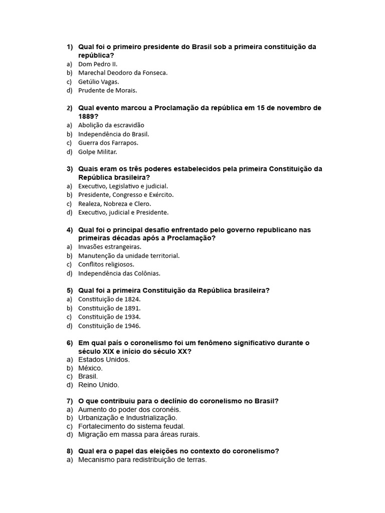 Prova 9 Ano 1 Bimestre Pdf Brasil República