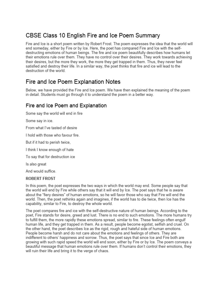 CBSE Class 10 English Fire And Ice Poem Summary Download Free PDF