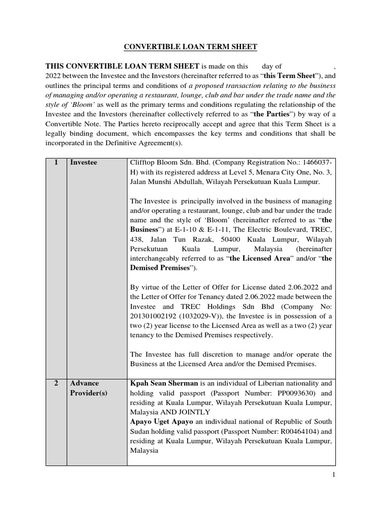 Convertible Loan Term Sheet for Bloom | PDF | Dividend | Investing