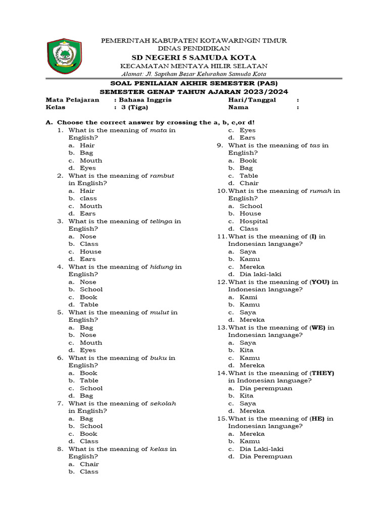 Soal Bing Kelas 3 SD Pas | PDF | Indonesian Language | Dialectology