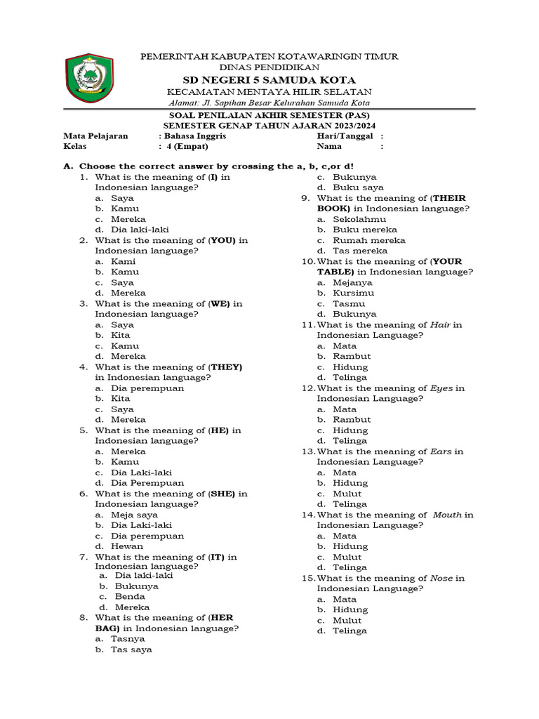 SOAL BING KELAS 4 SD PAS | PDF | Languages | Foreign Language Studies