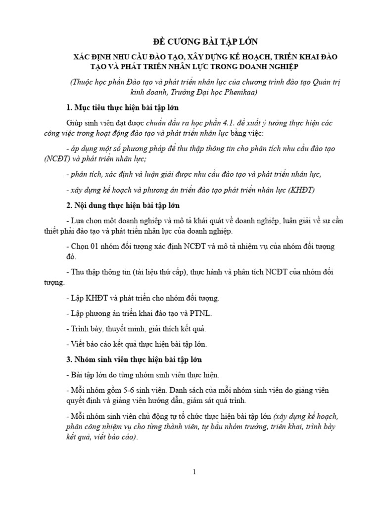 12-4-2024 Đề cương Bài tập lớn - Đào tạo và PTNL | PDF