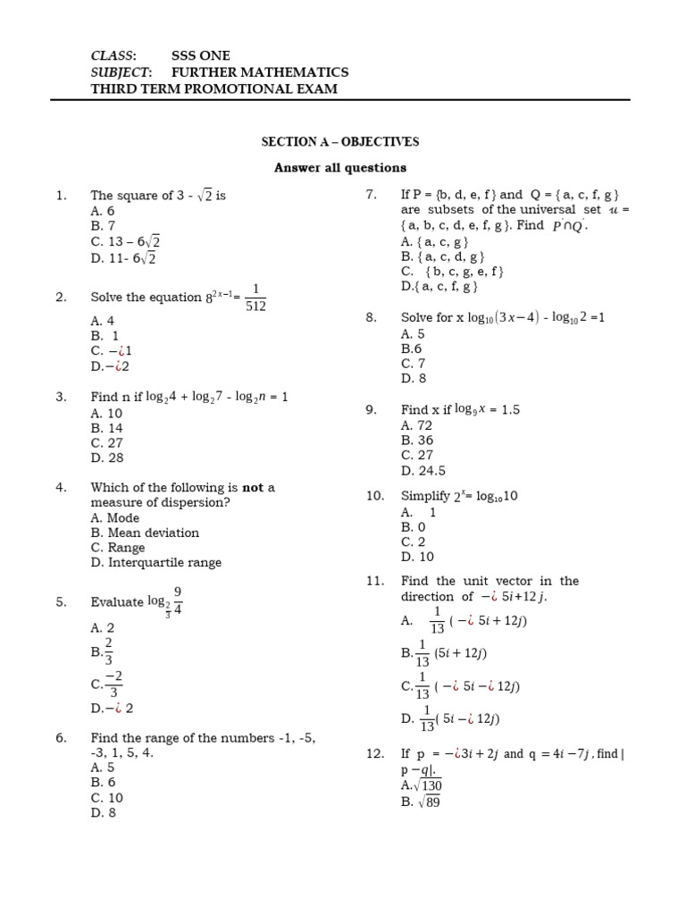 SS1 THIRD TERM FMATHS EXAM 2024 | PDF | Algebra | Mathematical Objects