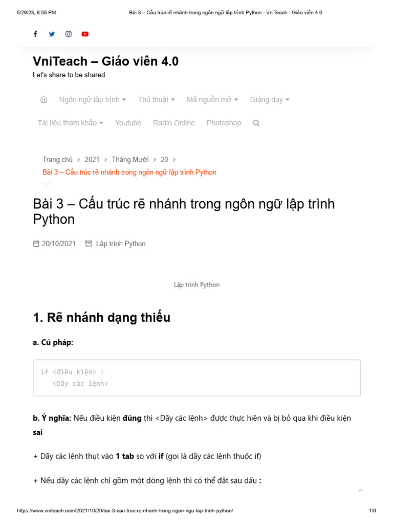 Bài 3 - Cấu trúc rẽ nhánh trong ngôn ngữ lập trình Python - VniTeach - Giáo viên 4.0 | PDF