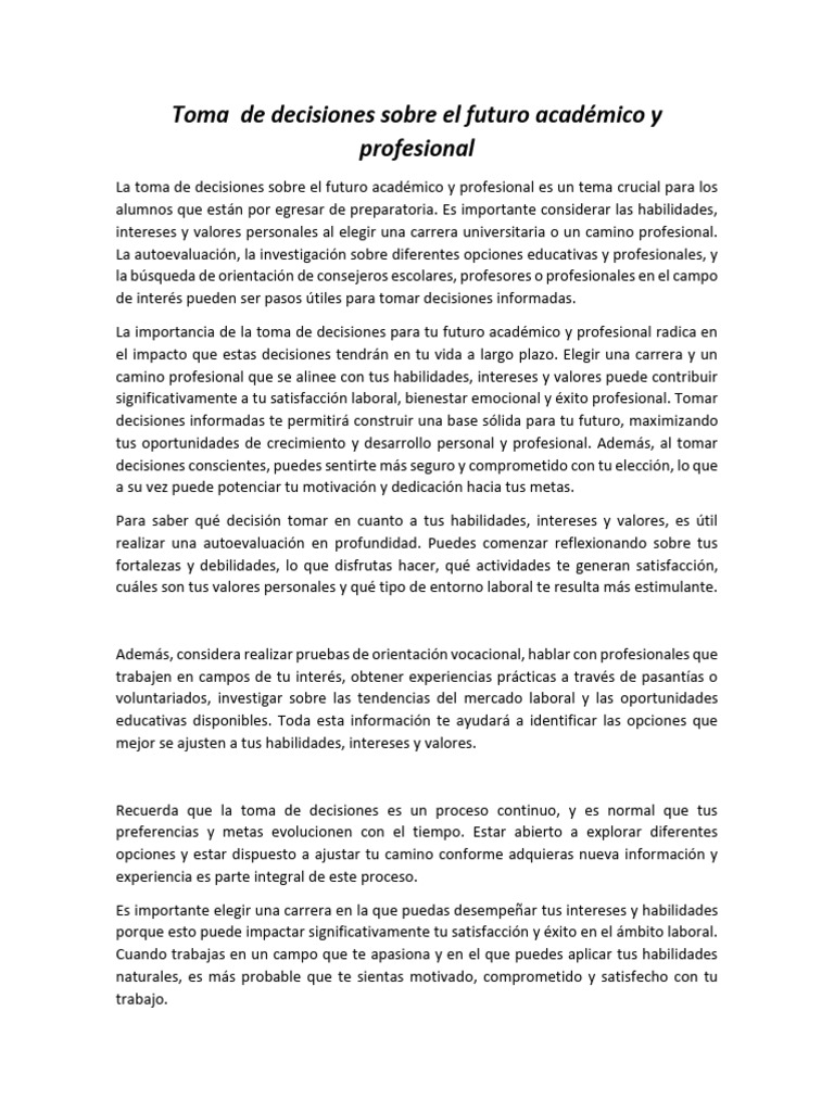 Toma de Decisiones Sobre El Futuro Académico y Profesional | PDF | Toma ...