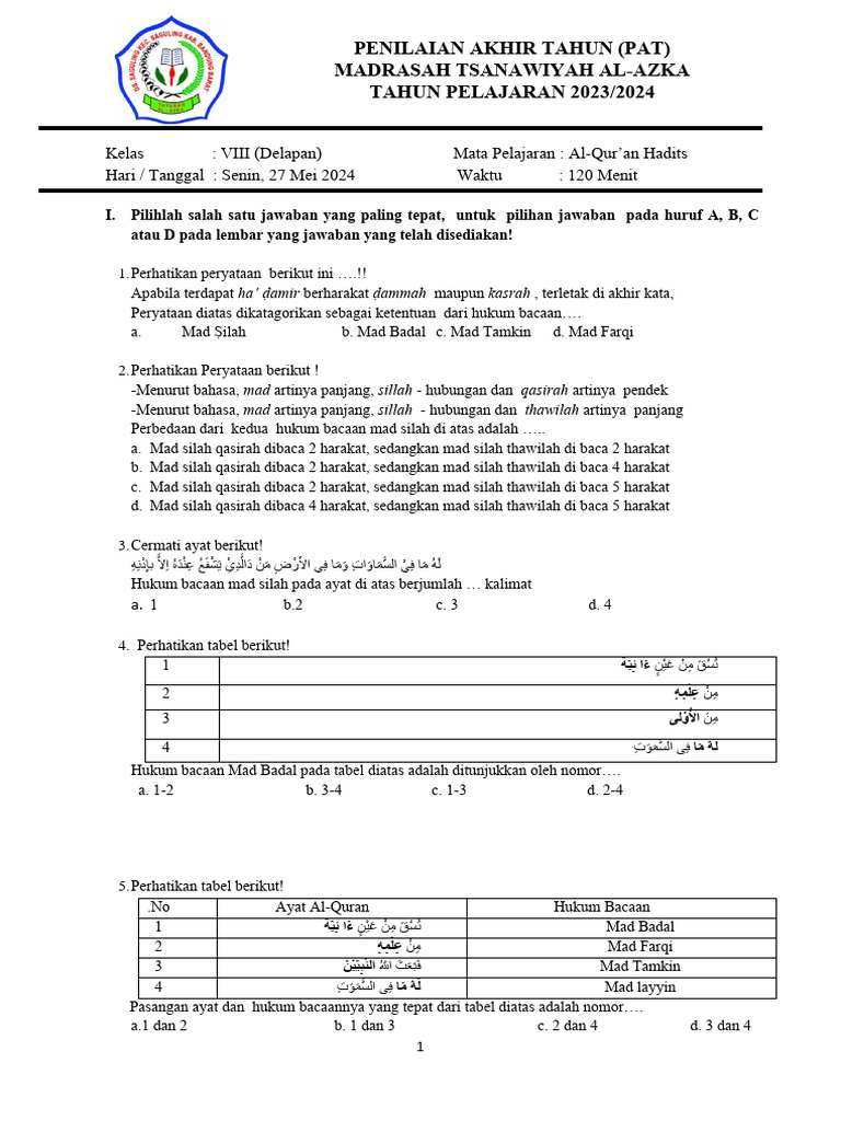 Soal Pat Qurdis KLS 8 Fix | PDF