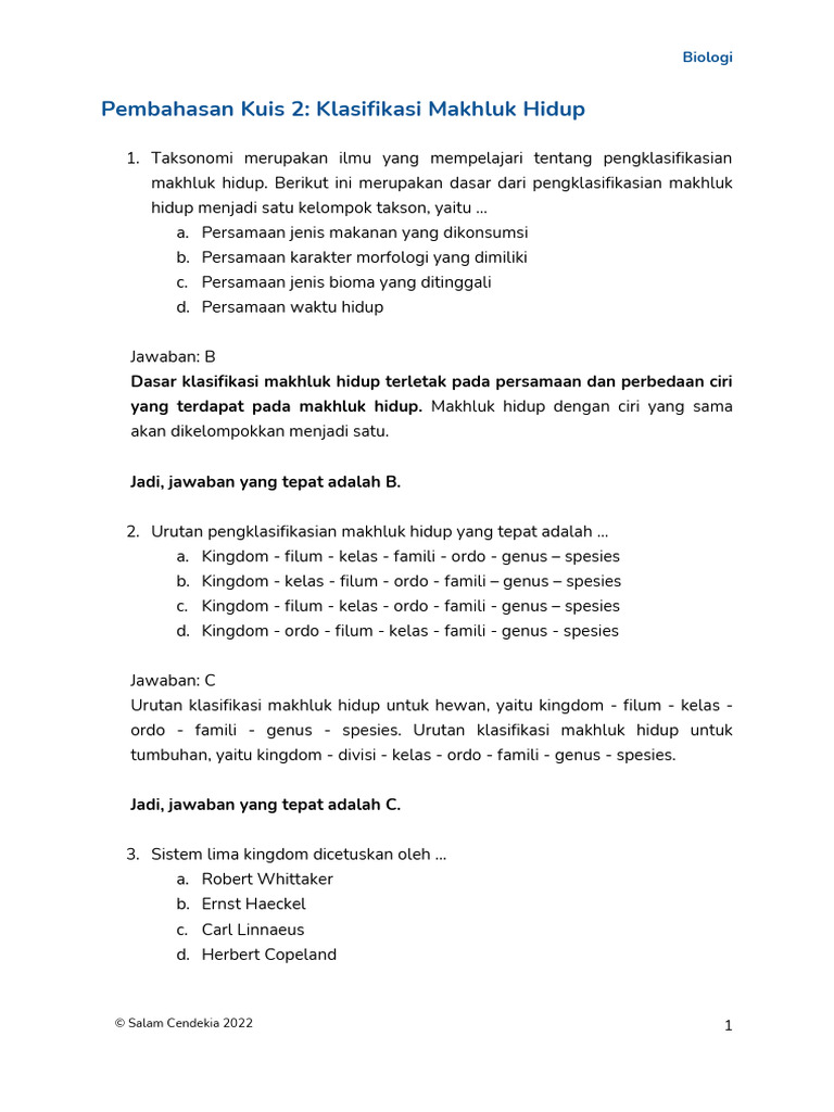 Biologi Kuis 2 Klasifikasi Makhluk Hidup Pembahasan | PDF
