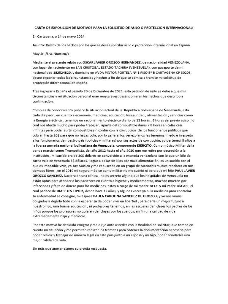 Carta de Exposicion de Motivos para La Solicitud de Asilo o Proteccion Internacional | Descargar ...