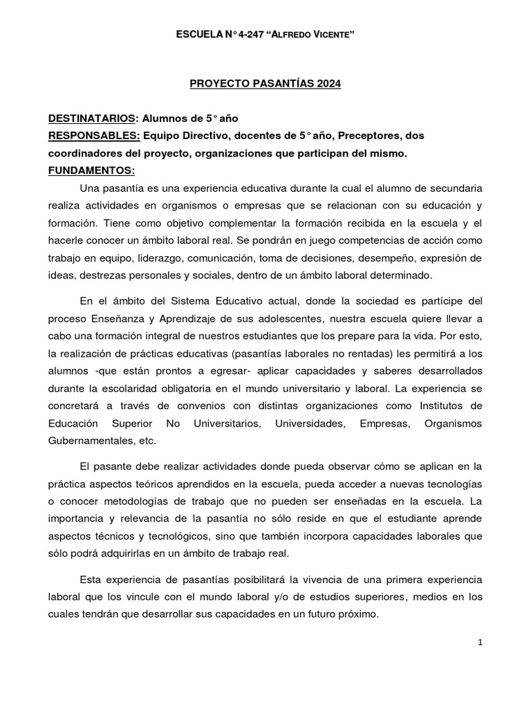 Proyecto de Pasantías 2024 para Secundaria | PDF | Educación más alta ...