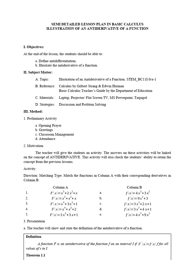Antiderivative Lesson Plan for Students | PDF | Function (Mathematics ...