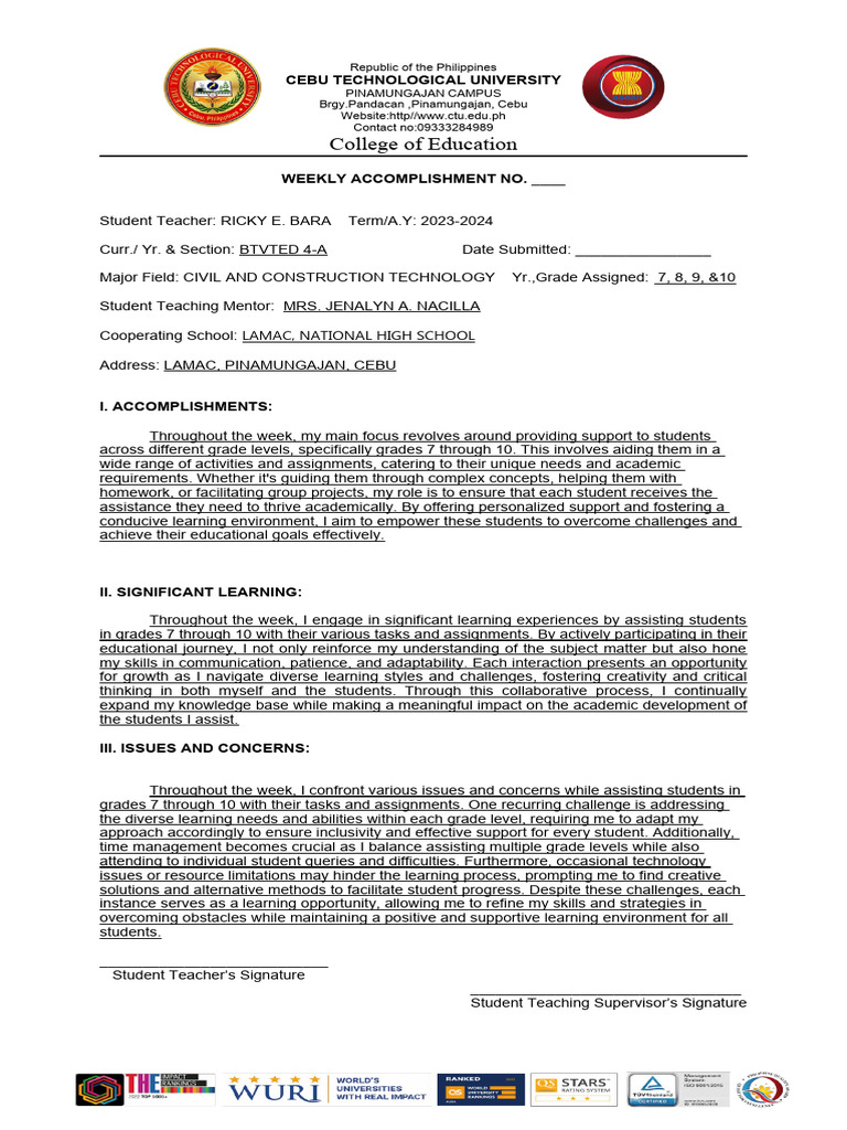 1 Student Teacher Weekly Accomplishment Form 2 | PDF | Learning | Teachers