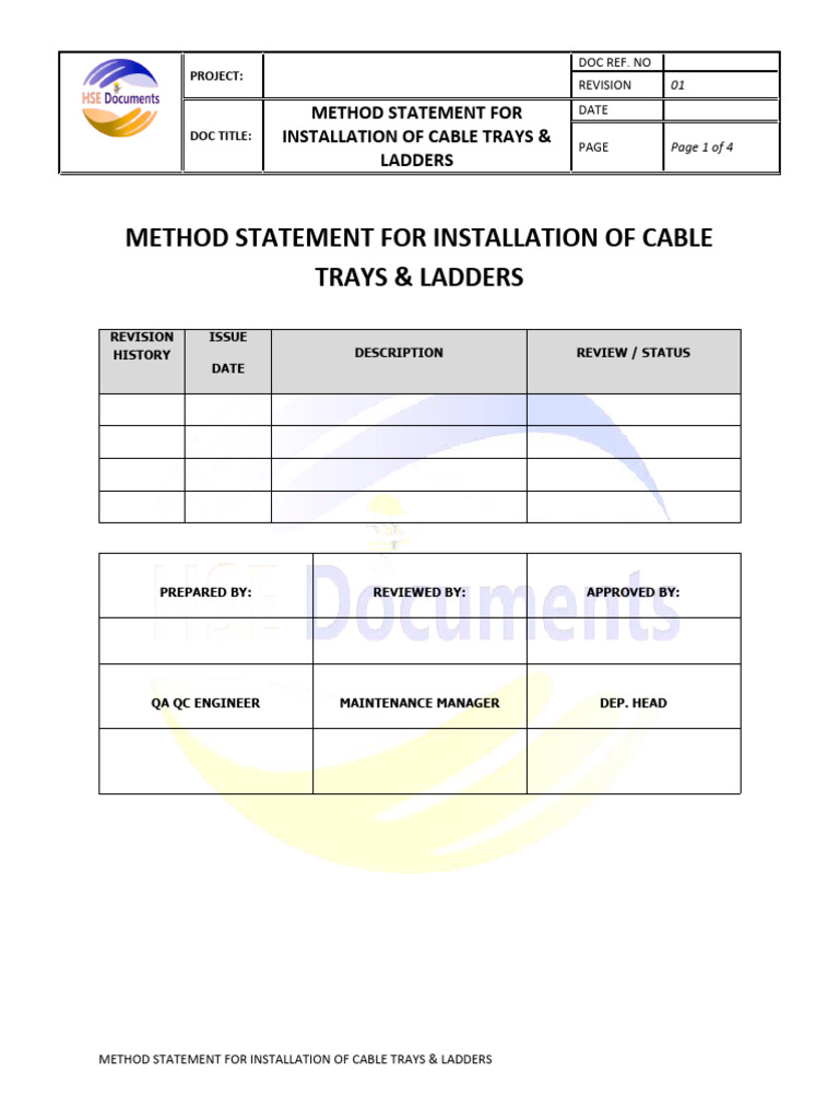 Method Statement For Installation of Cable Trays & Ladders | PDF