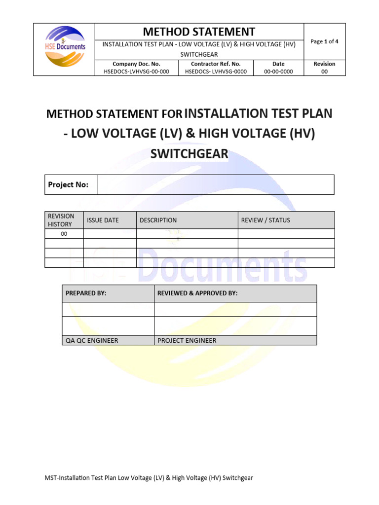 Method Statement For Installation Test Plan Lv And Hv Switchgear