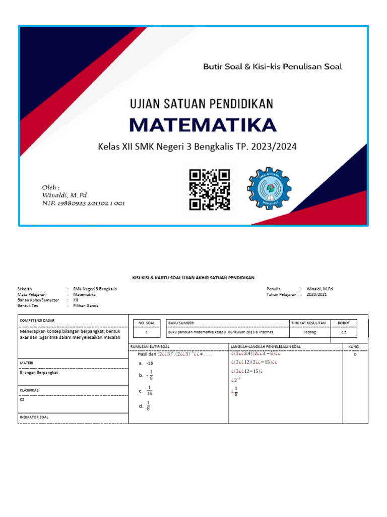 Kisi-Kisi Dan Kartu Soal UAS Matematika SMK Tekonologi | PDF