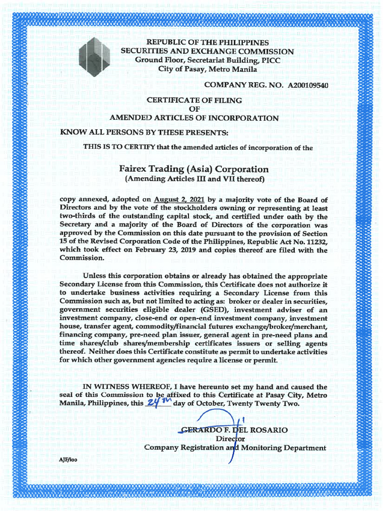 Fairex 10-24-2022 Amended Aoi Sec | PDF