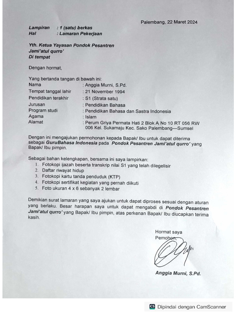 BERKAS SURAT LAMARAN PEKERJAAN GURU BAHASA INDONESIA DAN LAMPIRAN ...