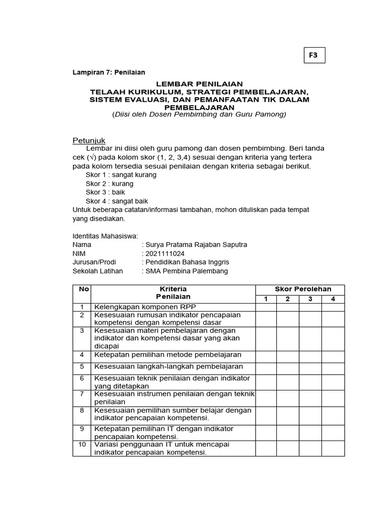 Lembar Penilaian PLP 2024 | PDF