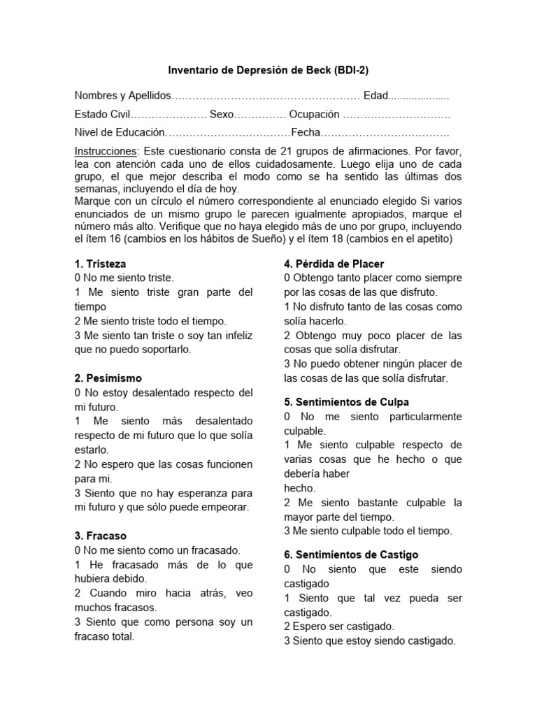 Cuestionario BDI-2 para Depresión | PDF