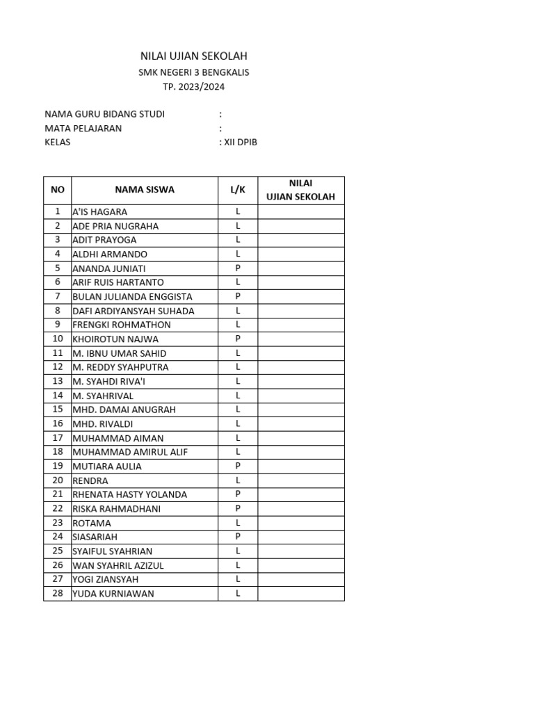 Blanko Nilai Ujian Sekolah 2024 | PDF