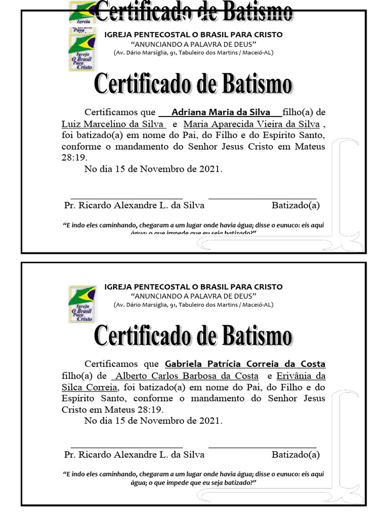 Modelo de certificado de Batismo | PDF