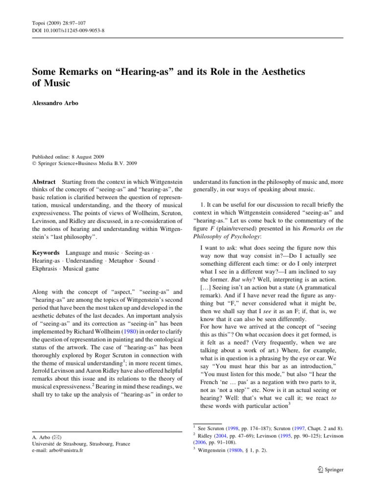 Alessandro Arbo - Some Remarks On "Hearing-As" and Its Role in The Aesthetics of Music | PDF ...