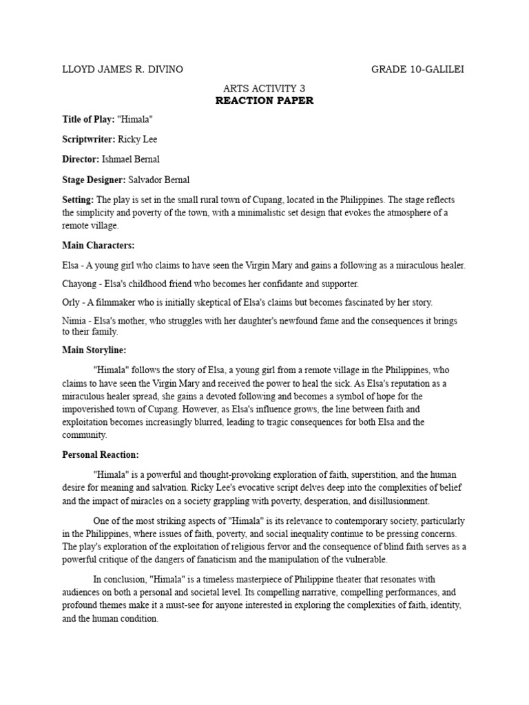 "Himala" Play Reaction Paper Analysis | PDF | Mystery, Thriller & Crime ...