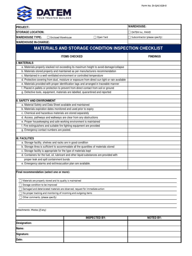 Material and Storage Condition Checklist | PDF | Warehouse | Safety