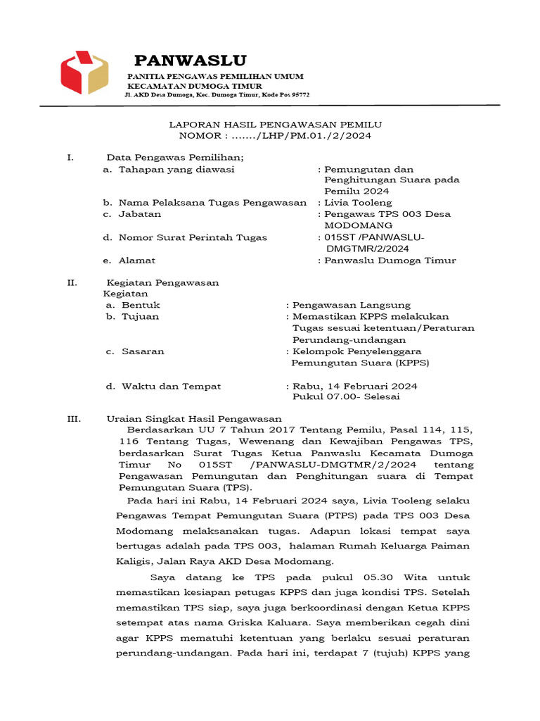 Contoh Form A - LHP PTPS (Livia) | PDF