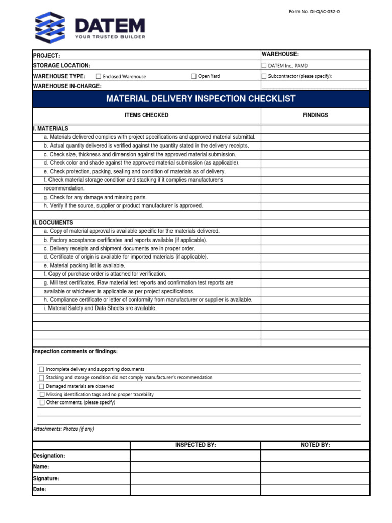 Material Delivery Inspection Checklist | PDF | Warehouse ...