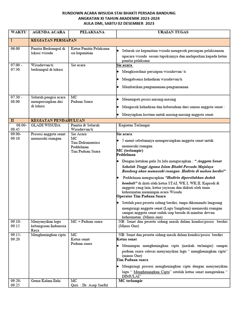 Rundown Acara Wisuda Xi Stai Bhakti Persada Bandung 2023-2024 | PDF