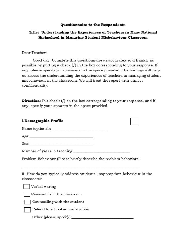 Questionnaire To The Respondents | PDF | Questionnaire | Behavior