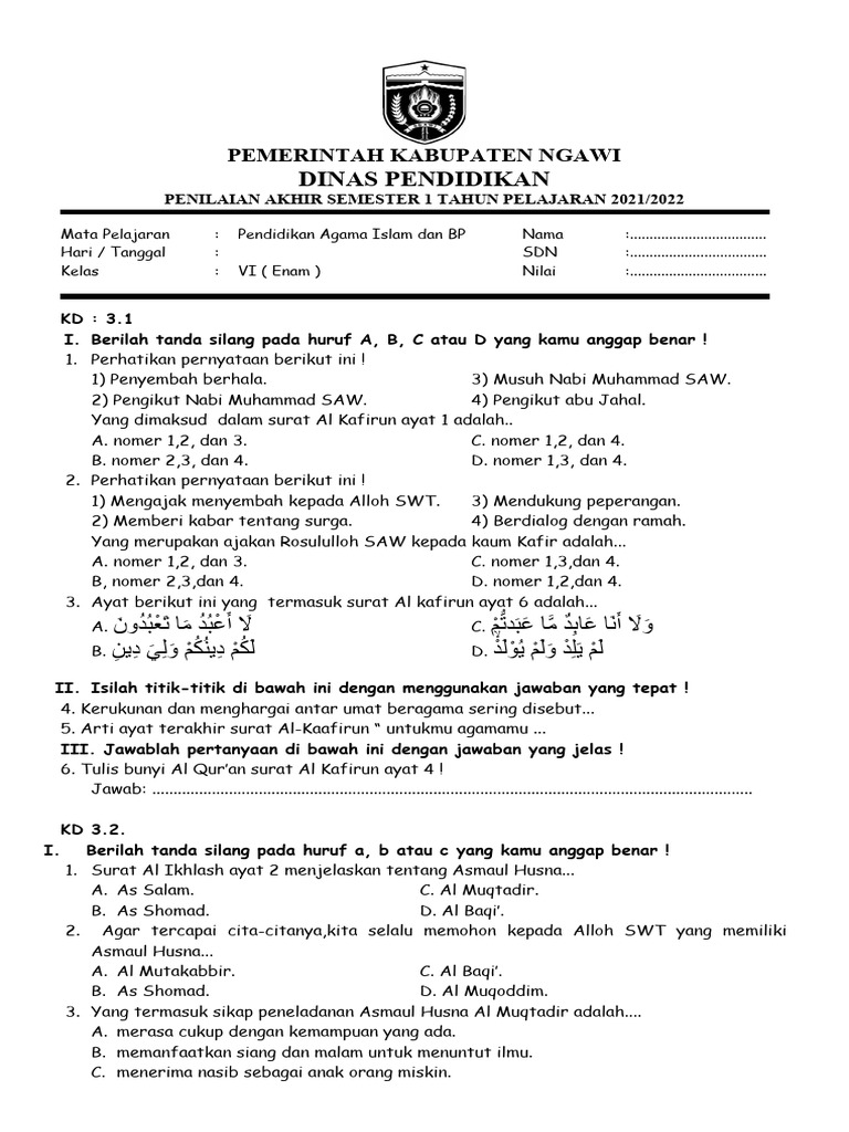 PAS 1 PAI Kls 6 2021 | PDF