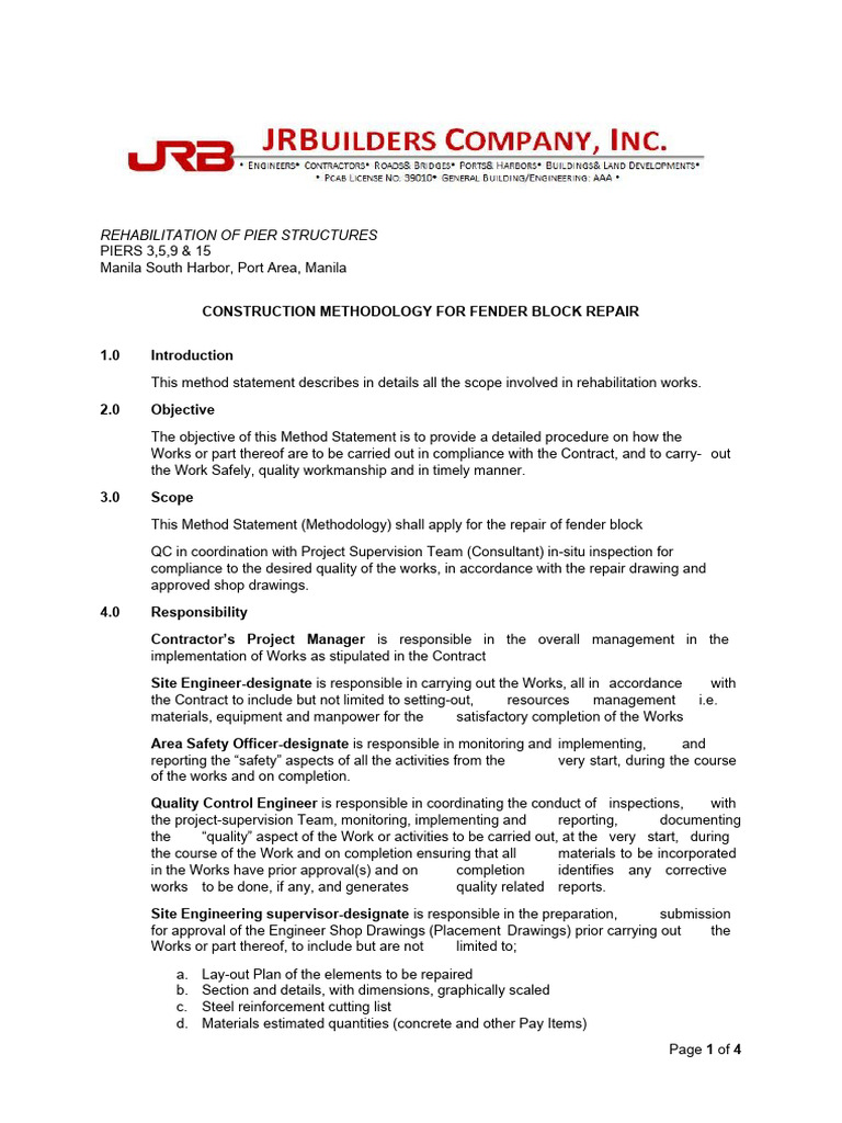 CONSTRUCTION METHODOLOGY - FENDER BLOCK -REV1 | PDF | Concrete ...